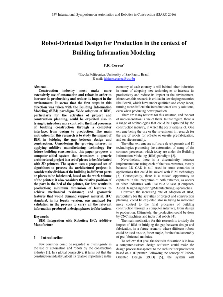 Robot Oriented Design For Production in The Context of Building Information Modeling | PDF