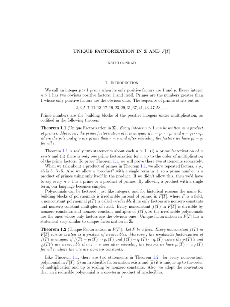 Keith Conrad, Unique Factorization in Z and F (T) | PDF