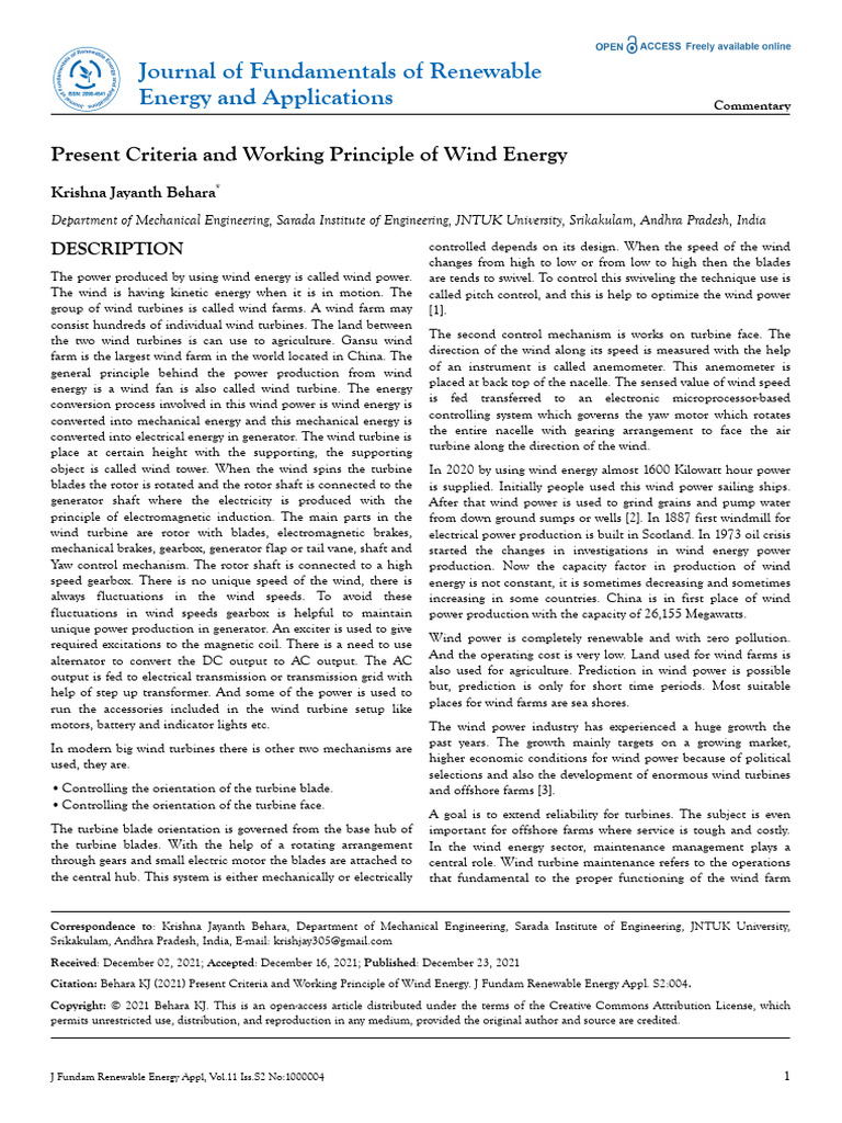 Present Criteria and Working Principle of Wind Energy | PDF | Wind ...
