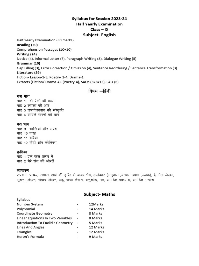 Class - 9 Syllabus For Half Yearly Examination 2023-24 | PDF