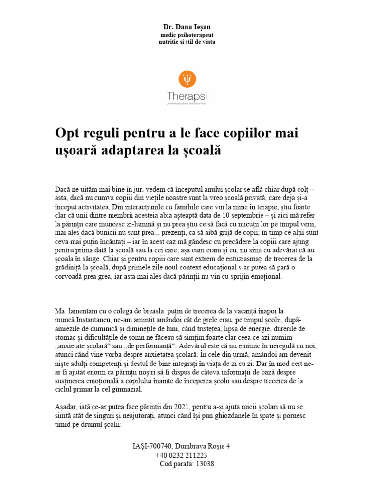 Copil in Prima Zi de Scoala Primara. | PDF