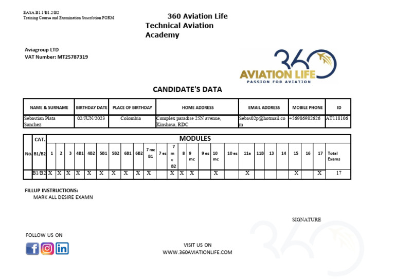 EASA B1.1-B2 Suscribtion Form 2 | PDF