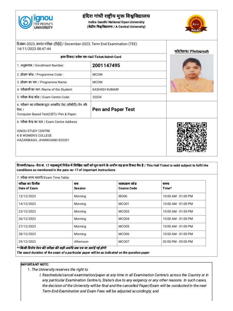 Ignou December-2023 - Hall Ticket - Admit Card | PDF