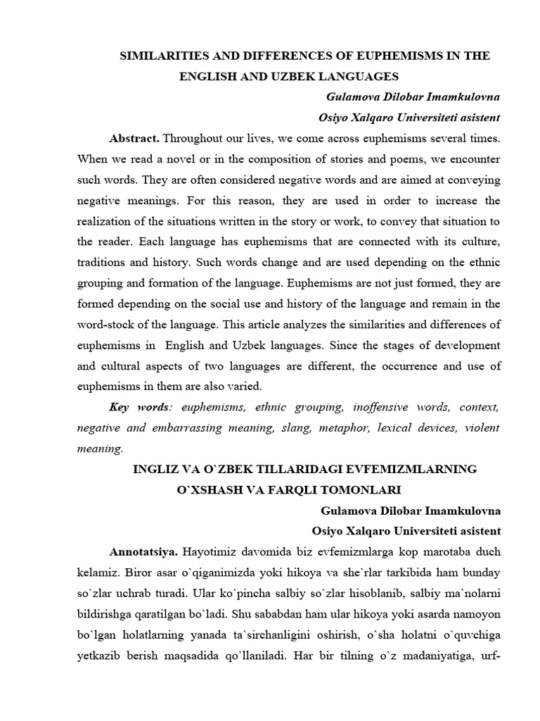Similarities and Differences of Euphemisms in The English and Uzbek ...