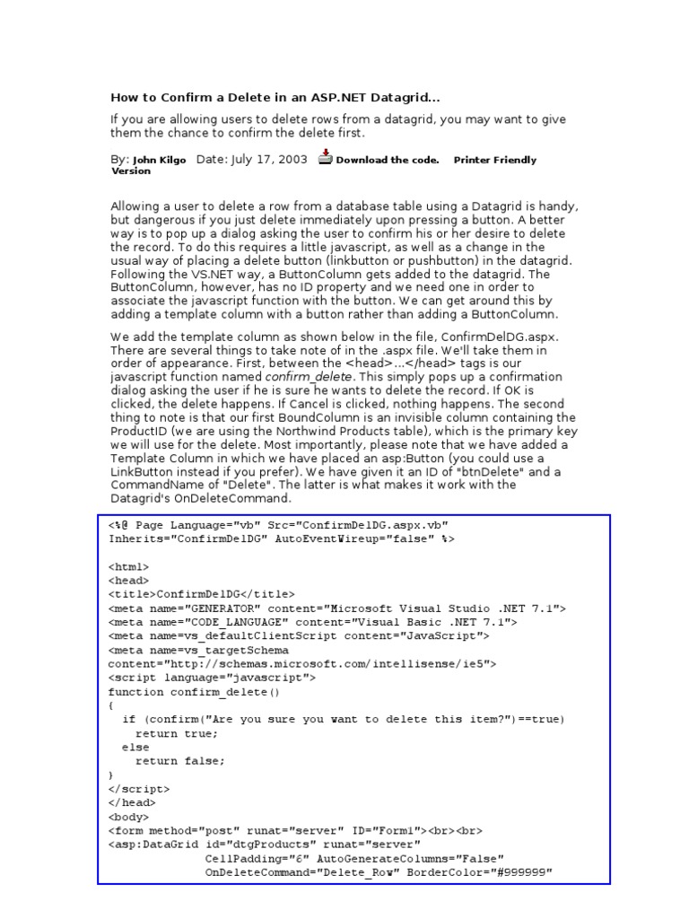 How To Confirm A Delete In An Asp Pdf Visual Basic Net Computer Data