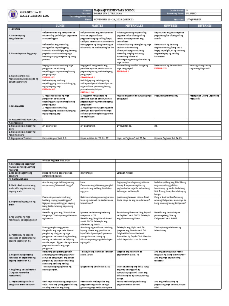 DLL Filipino 5 q2 w3 | PDF