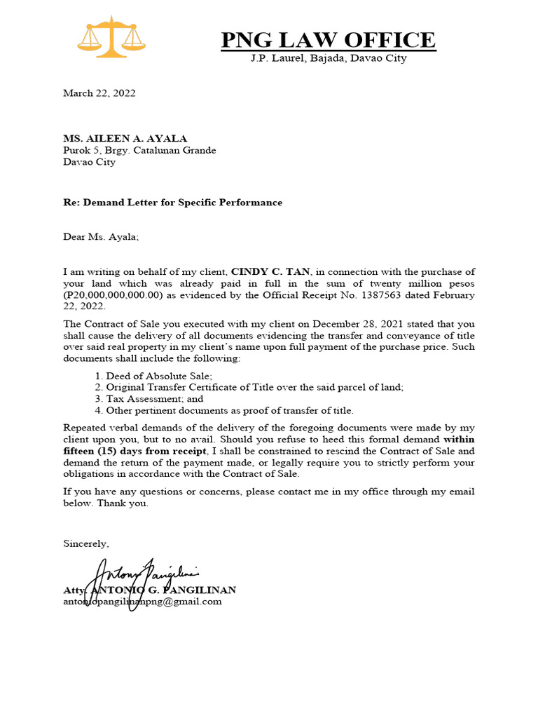 Demand Letter - Specific Performance | PDF