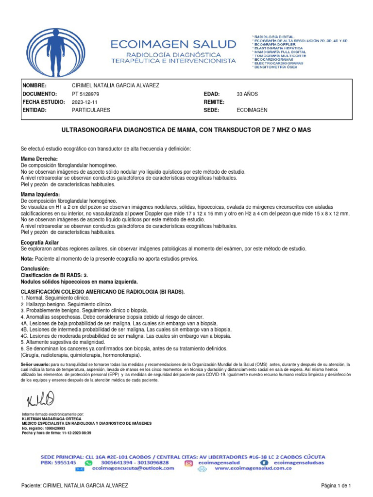 Ultrasonografia Diagnostica de Mama, Con Transductor de 7 MHZ o Mas ...