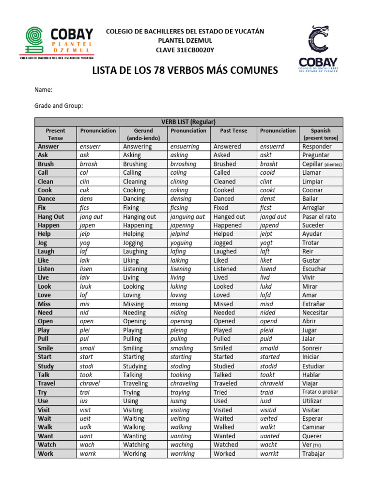 Lista de 78 Verbos Comunes | PDF