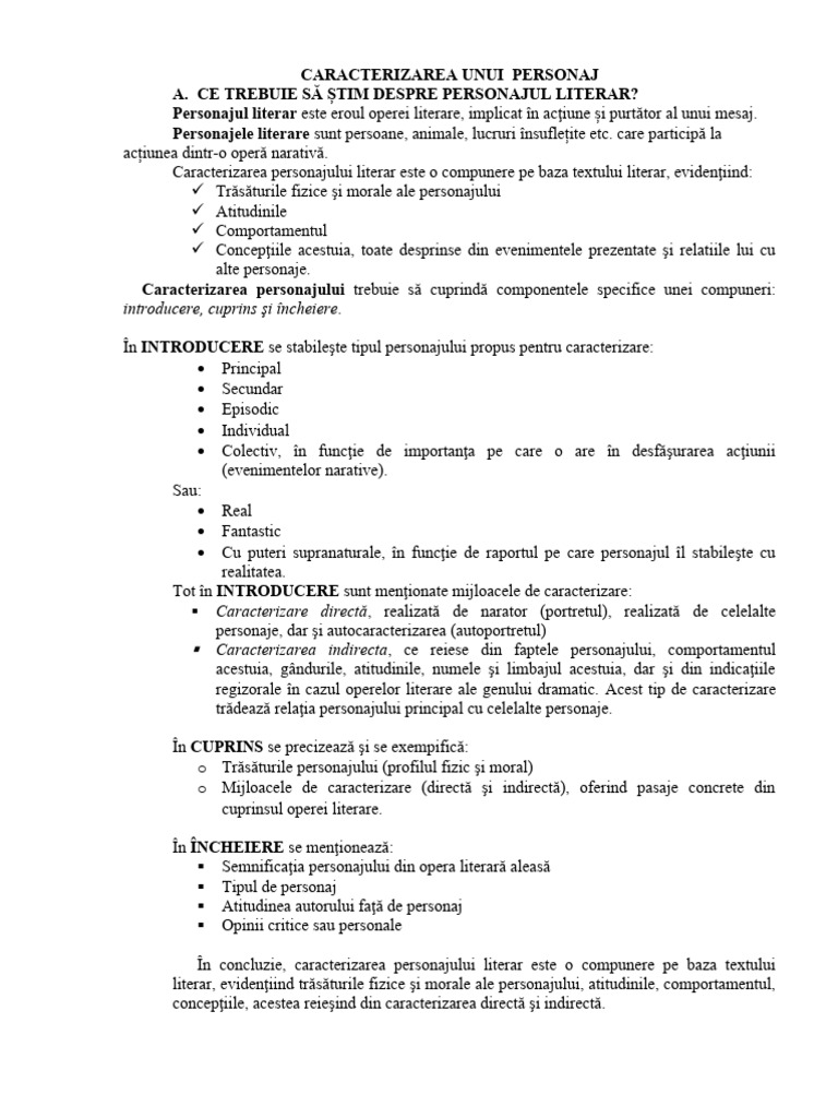 CARACTERIZAREA PERSONAJULUI | PDF