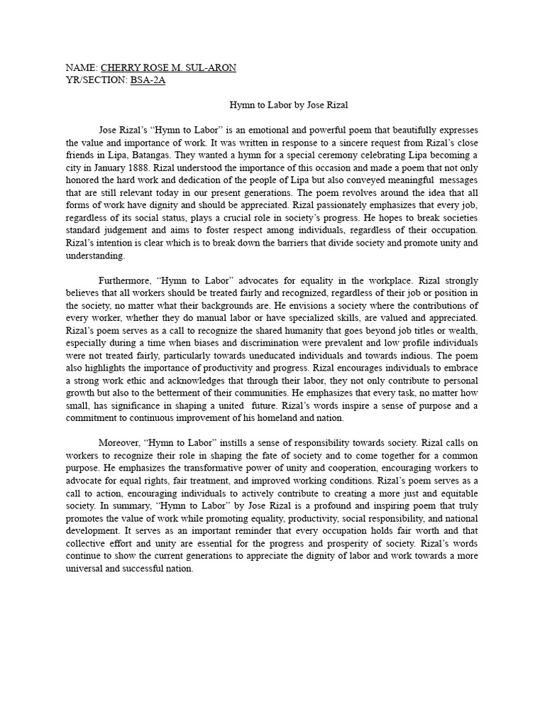 Reflection Paper-Hymn To Labor | PDF | History