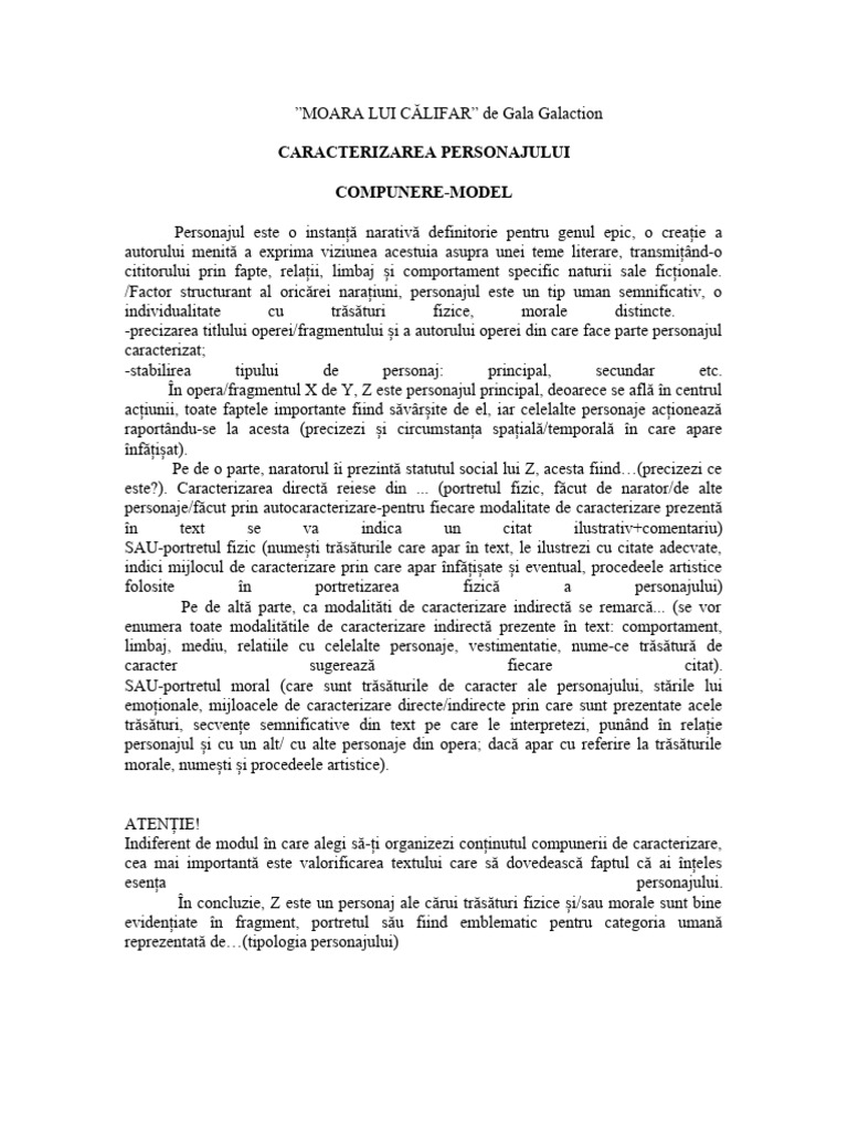 MOARA LUI CALIFAR - CARACTERIZARE - Lecția 4 | PDF