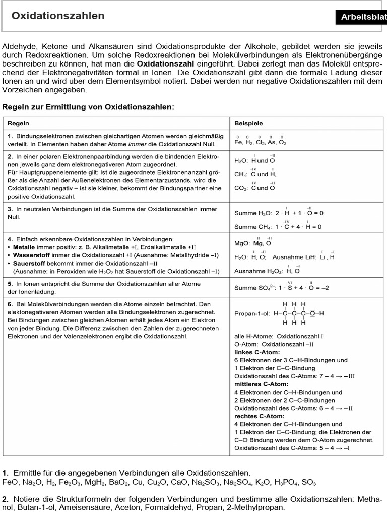 Oxidationszahlen Info Und Aufgaben | PDF