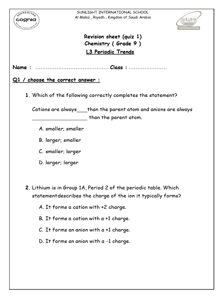 Revision Sheet 1 Chemistry G9 | PDF