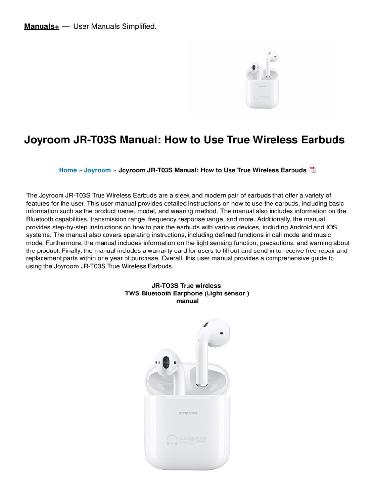 Joyroom JR-T03S Earbuds User Manual | PDF | Headphones | Bluetooth