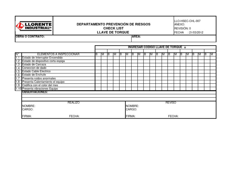 Check List Llave de Torque | PDF