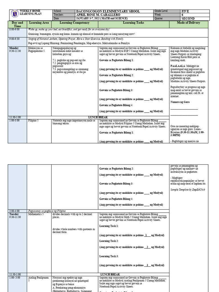 WHLP - Grade 5 (Q2 Week 6) | PDF
