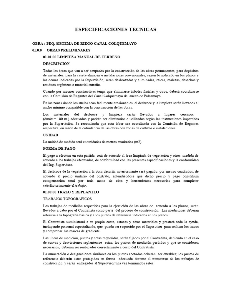 Especificaciones Tecnicas Canal Colquemayo | PDF