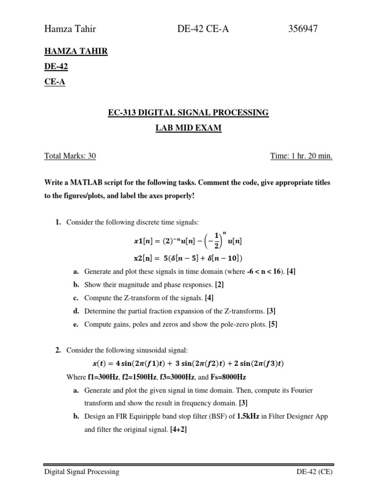 DSP LAB MID - HAMZA TAHIR DE-42 CE_A | PDF