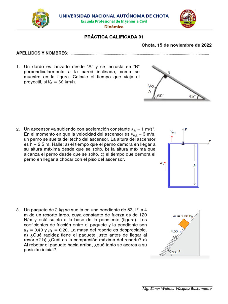Practica Calificada I de Dinamica / Unach 2022 Ii | PDF