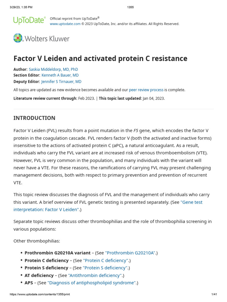 Factor V Leiden and Activated Protein C Resistance | PDF
