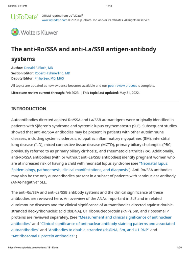 The anti-Ro/SSA and anti-La/SSB Antigen-Antibody Systems | PDF