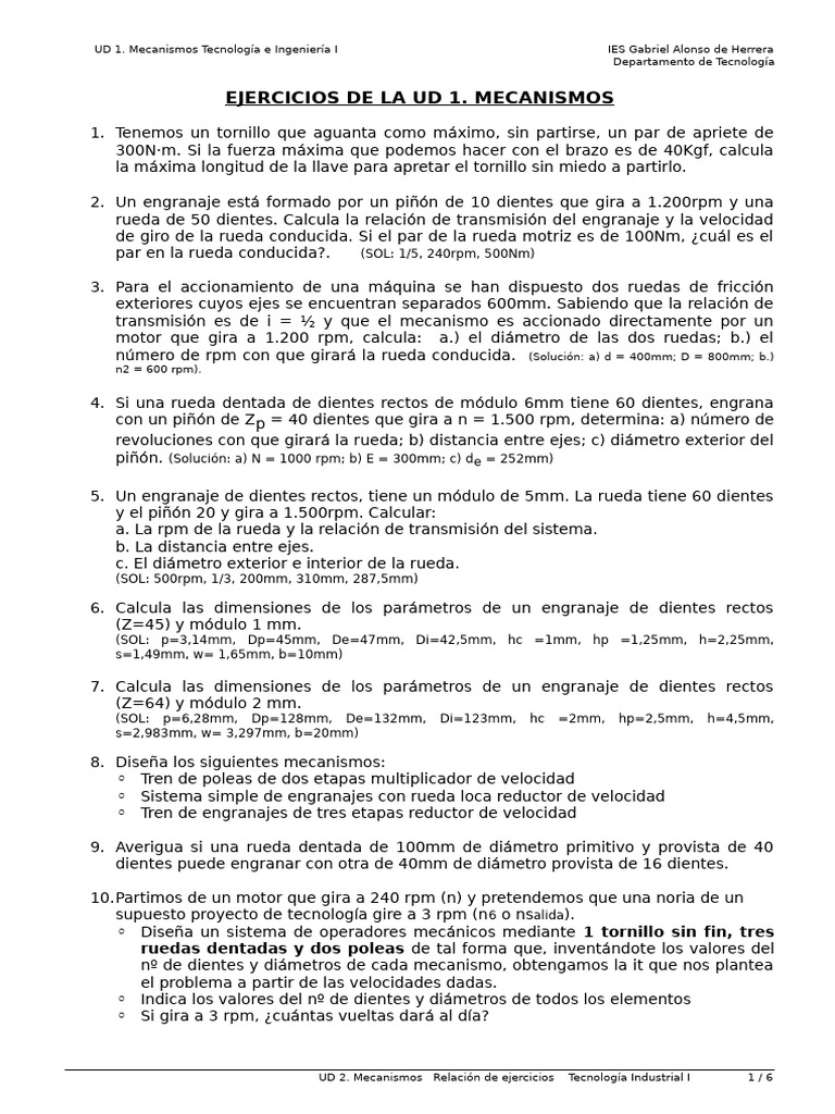 Ud 1 Ejercicios Mecanismos 23-24 | PDF | Engranaje | Equipo
