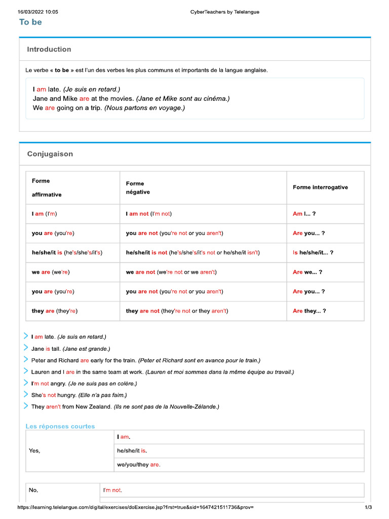 Cours 1 - Le Verbe ''To Be'' | PDF