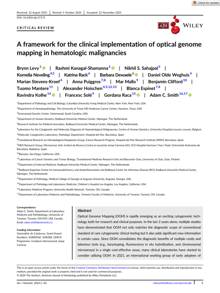 American J Hematol - 2024 - Levy - A Framework For The Clinical Implementation of Optical Genome ...