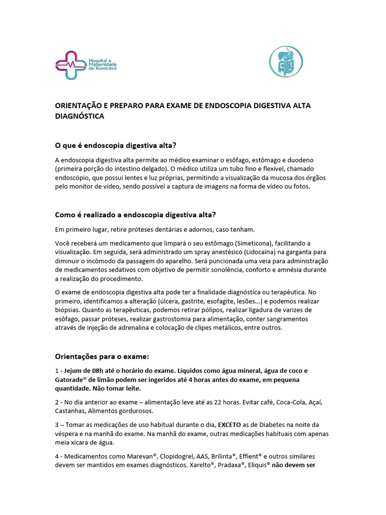 Orientação e Preparo para Exame de Endoscopia Digestiva Alta | PDF ...