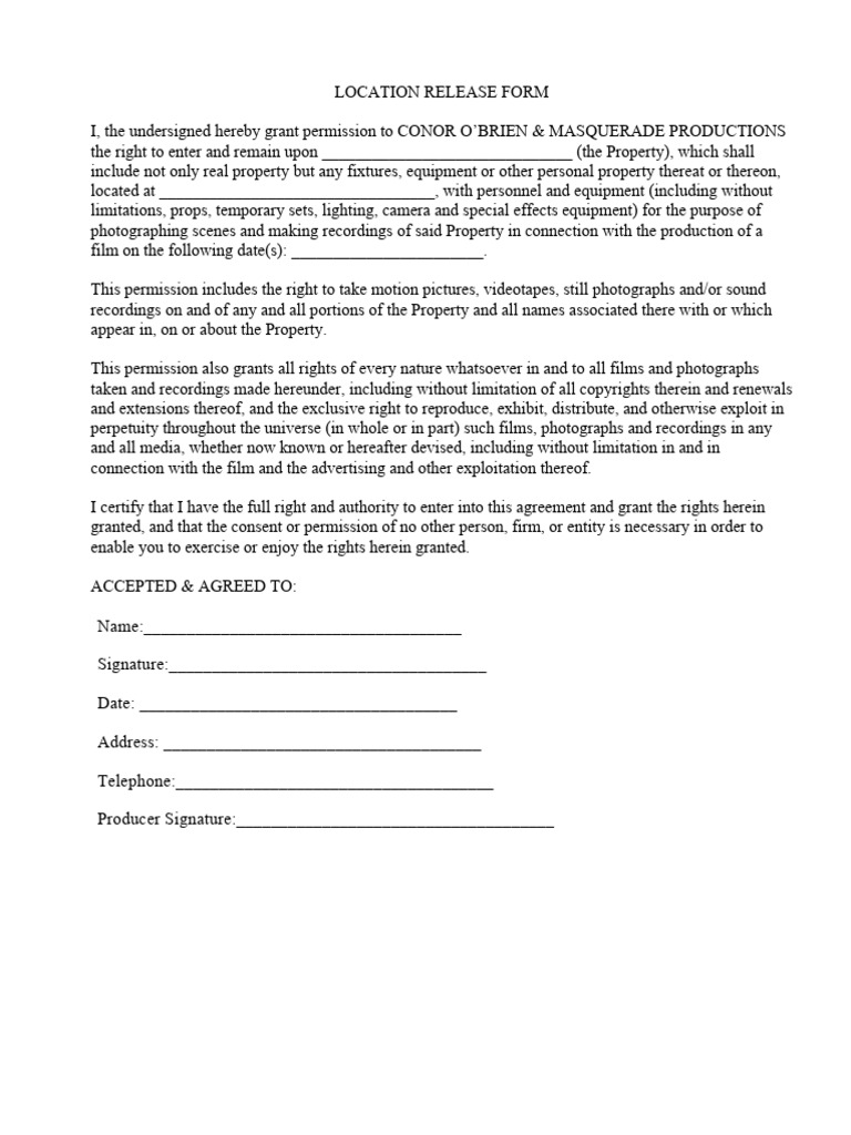Location Release Form - Blank | PDF