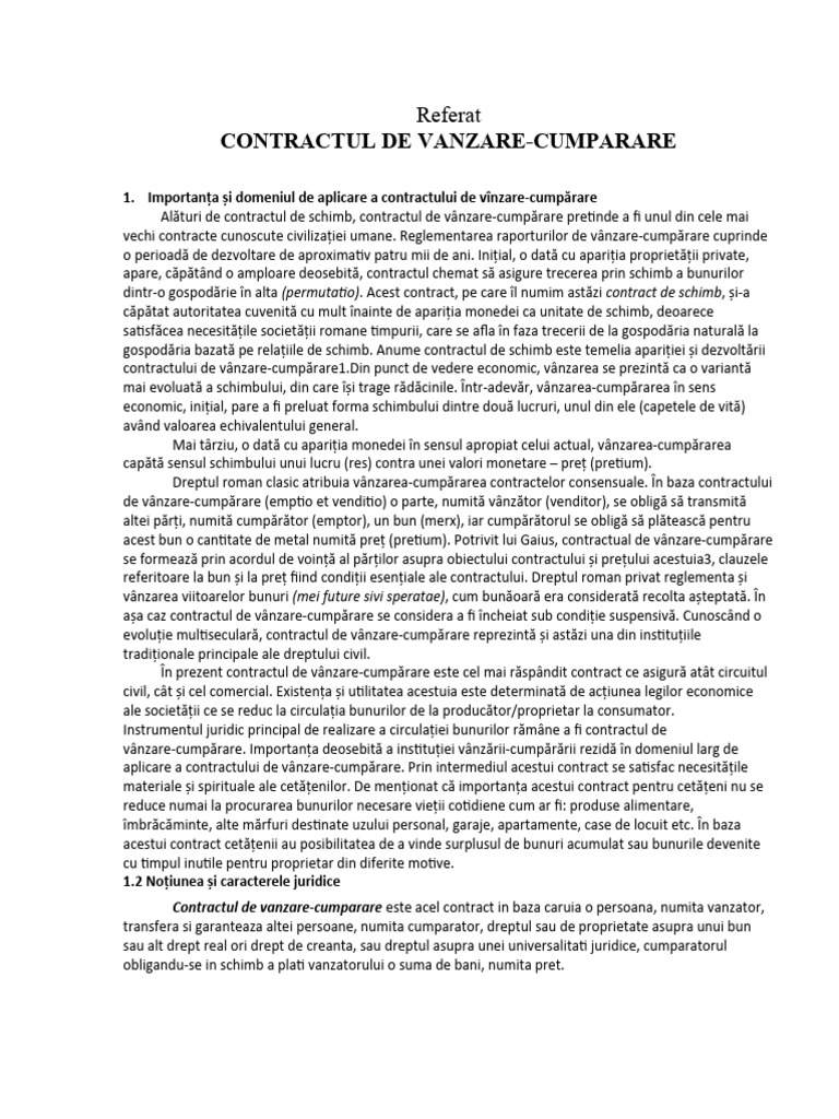 Referat - Contractul de Vanzare-Cumparare (Drept Civil) | PDF