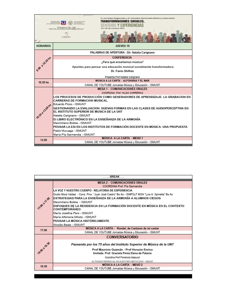 CRONOGRAMA JORNADAS Música y Educación - ISMUNT - 2023 | PDF