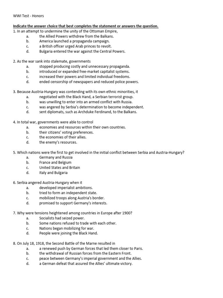 WWI Honors Test Questions and Answers | PDF