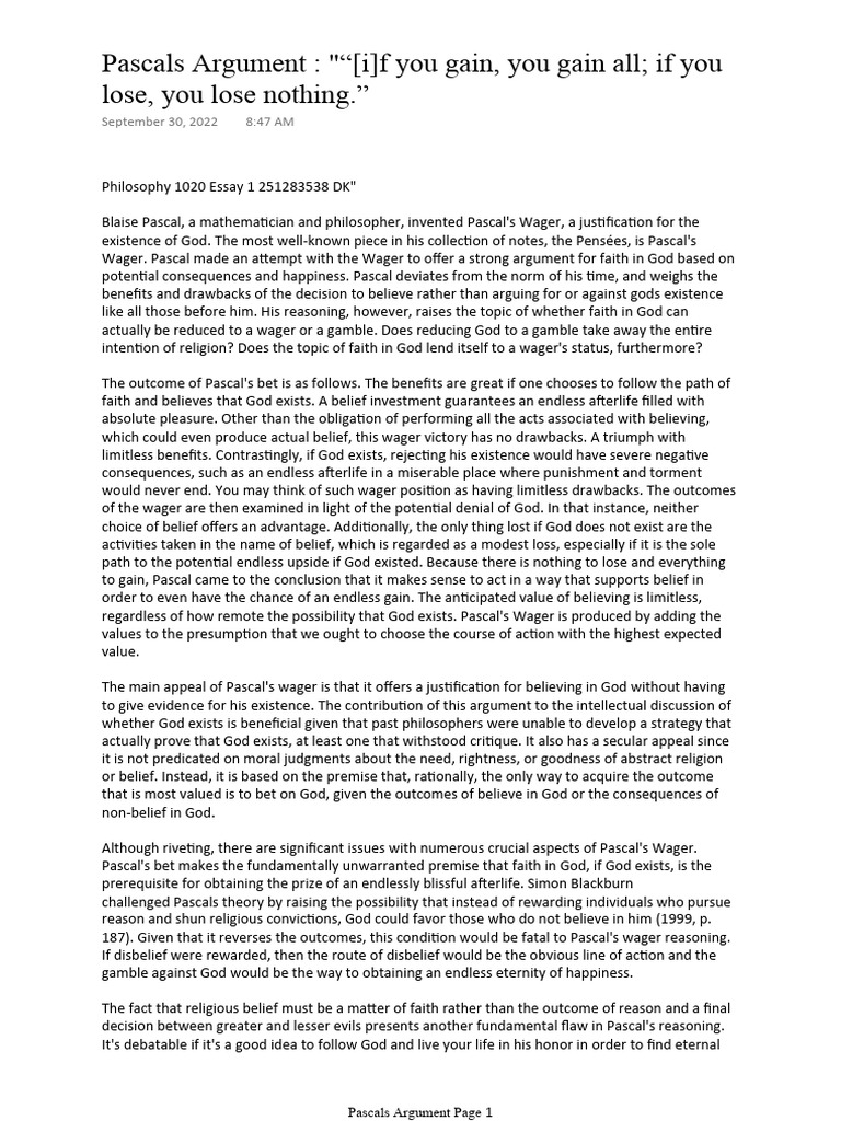 Understanding Pascal's Wager | PDF | God | Faith