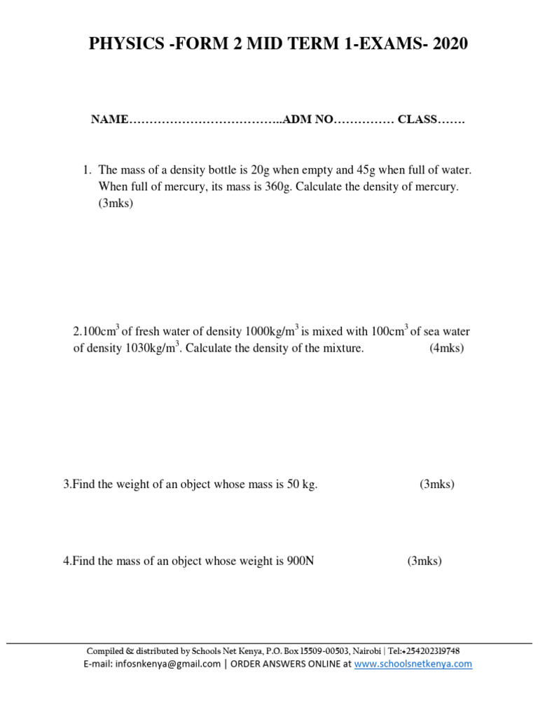 Physics Paper 1 Form 2 End Term 1 2020 | PDF | Density | Physics