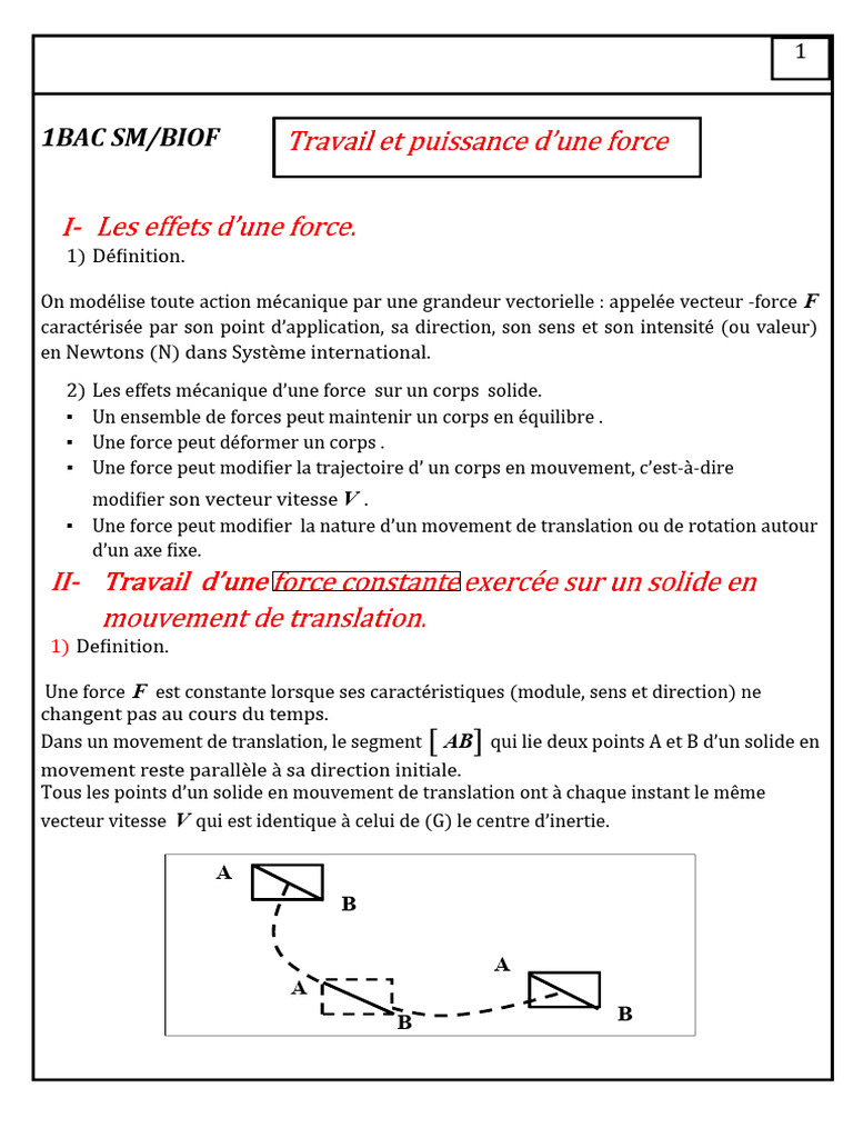 1bac Sm Cours1 Travail Et Puissance | PDF