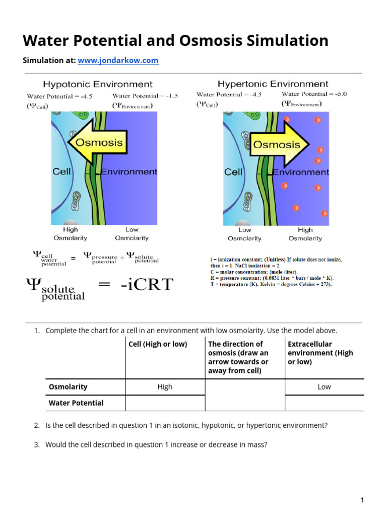 Water Potential and Osmosis Simulation-2021 | PDF