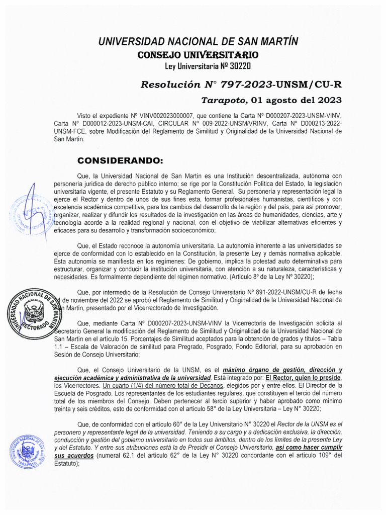 Resol797-2023 Modificacion Del Reglamento de Similitud y Originalidad | PDF
