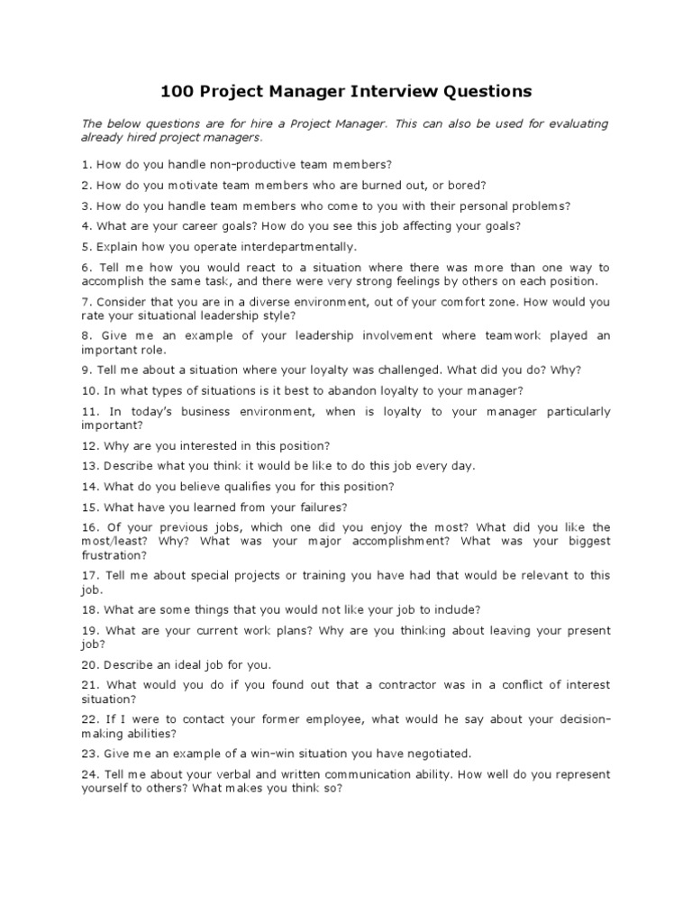 100 Project Manager Interview Questions | Leadership | Leadership ...