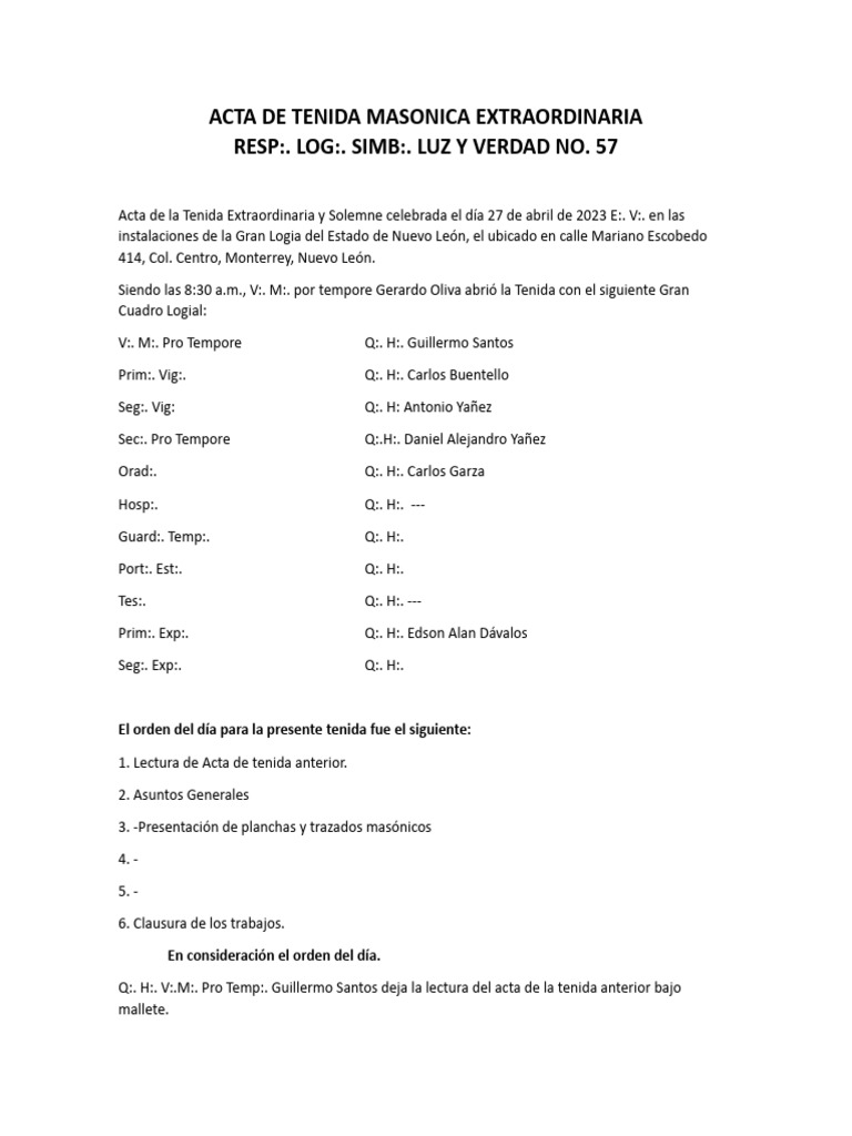 Acta de Tenida Masonica Extraordinaria 2 | PDF