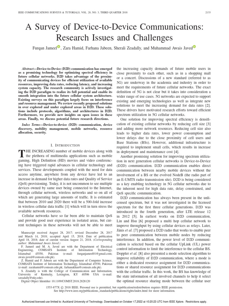 A Survey of Device-to-Device Communications Research Issues and ...