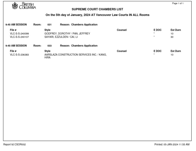 Supreme Court Chambers List: 9:45 Am Session 031 Room: Chambers ...