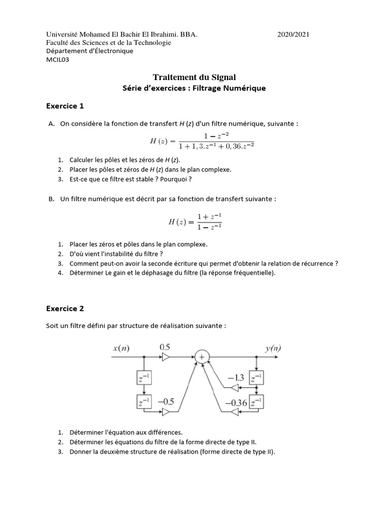 Traitement Du Signal Série D'exercices: Filtrage Numérique Exercice 1 | PDF