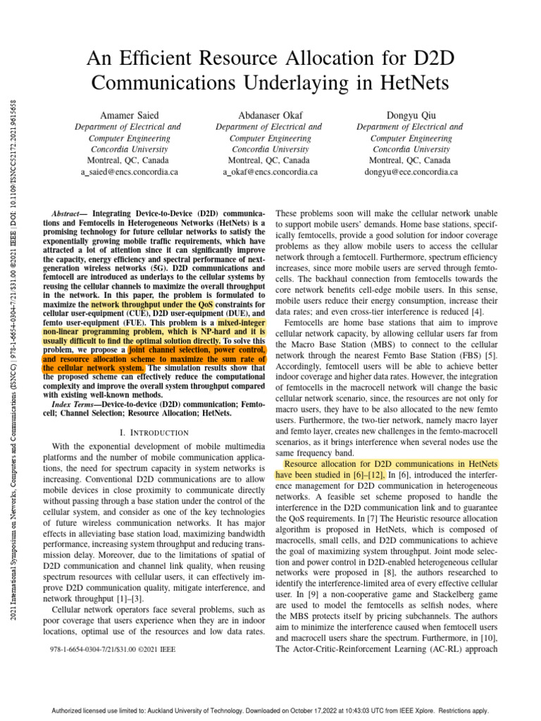 An Efficient Resource Allocation For D2D Communications Underlaying in HetNets Base-1 | PDF ...