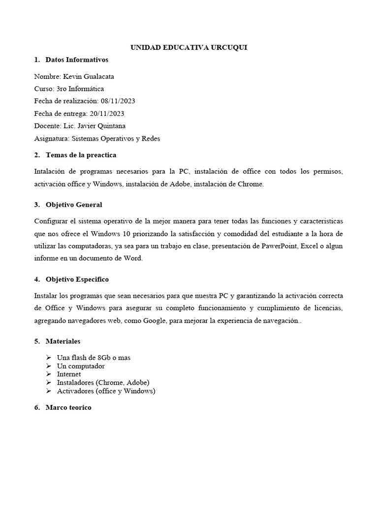 Informe de instalación de programas necesarios para la PC | PDF