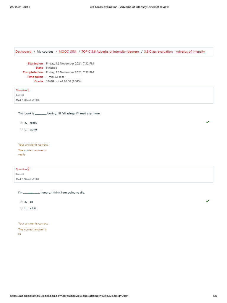 3.6 Class Evaluation - Adverbs of Intensity - Attempt Review | PDF