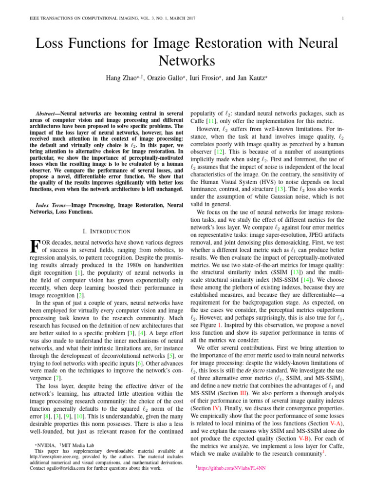 Loss Functions for Image Restoration With Neural_Network | PDF