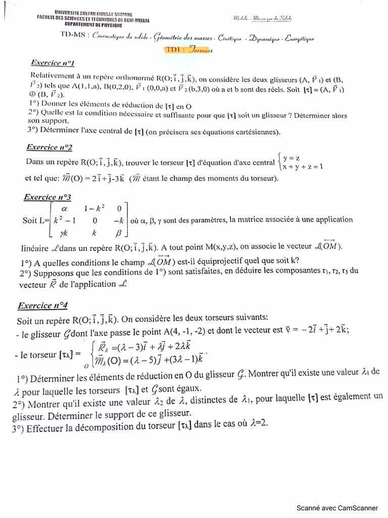 TD N 1 Mécanique Du Solide Torseur | PDF