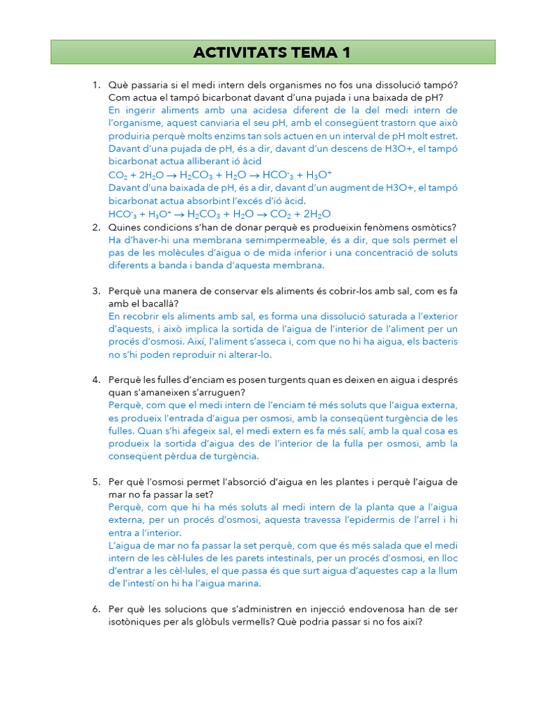 Activitats Tema 1 Bio 1 Solucions | PDF